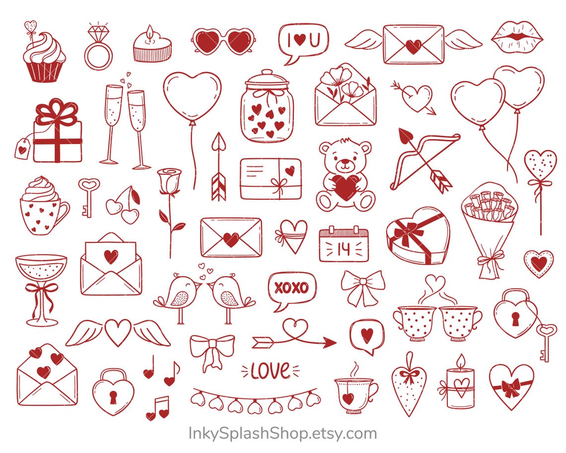 Valentines Day Clip Art Bundle. Hand Drawn Love Doodles Pack. Romantic ...