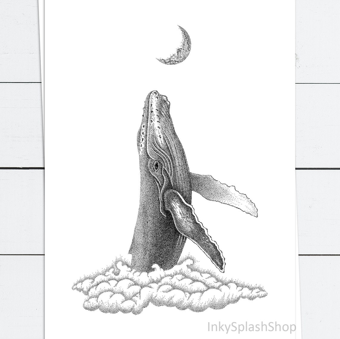 Whale and Moon Drawing Printable Humpback Whale Breaching - Etsy