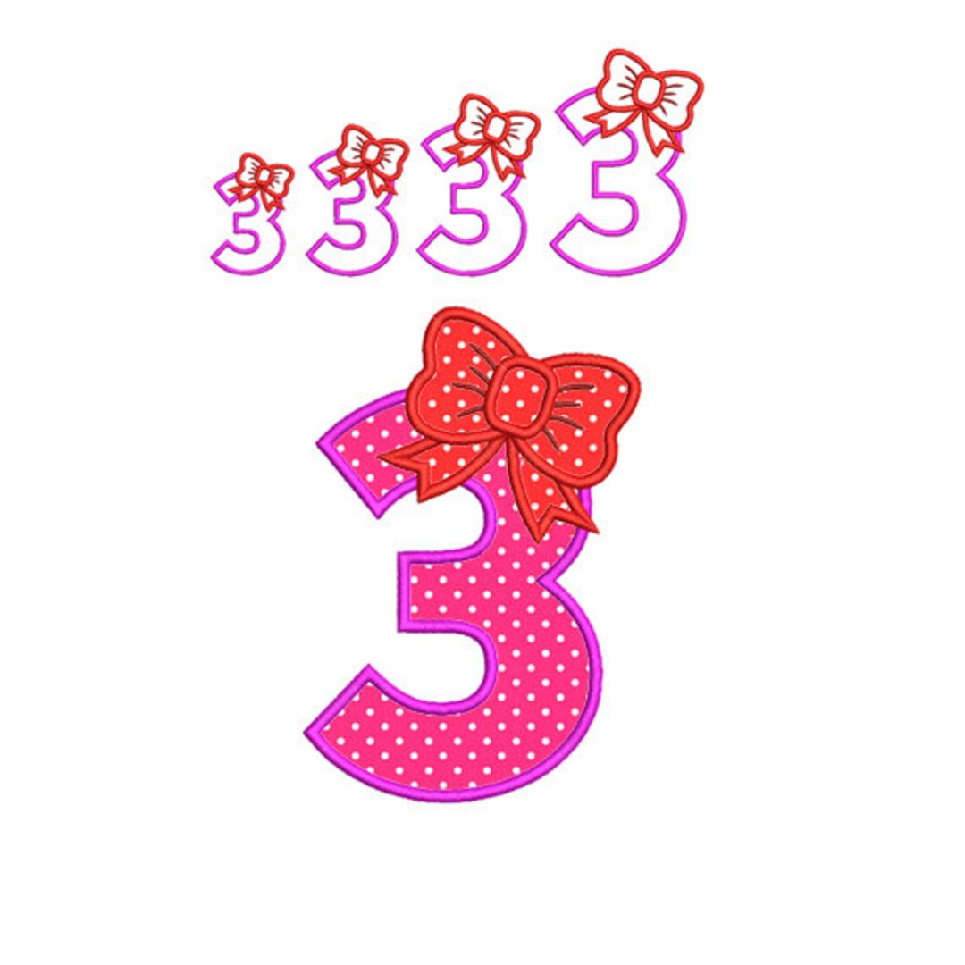 Bow With Number 3 Applique Machine Embroidery Design. Number 3 Birthday ...