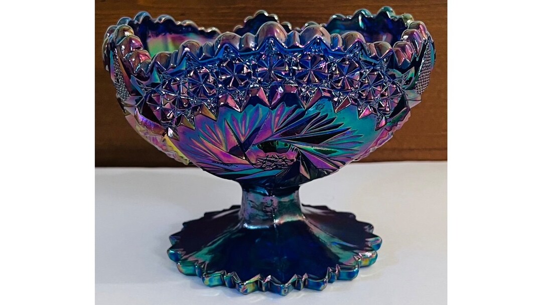 Fenton Blue Carnival Glass Starburst-pinwheel Compote With Sawtooth ...