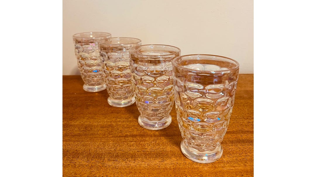 Set of 4 Federal Glass Iridescent Yorktown Thumbprint Footed Tumblers ...