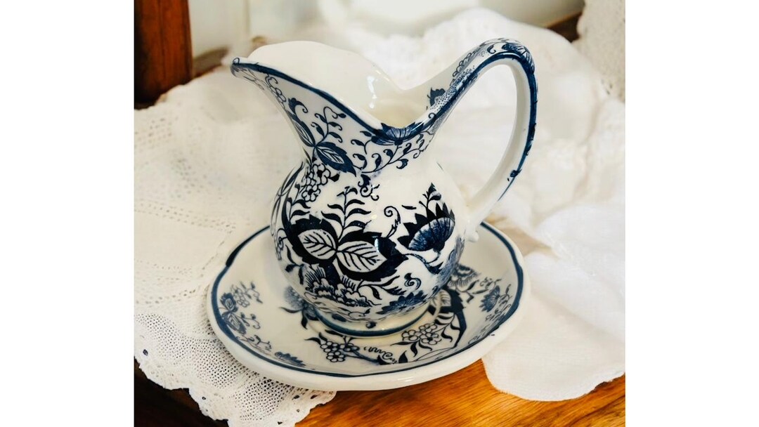 Enesco Vintage Blue Onion Small Pitcher and Saucer – Classic ...