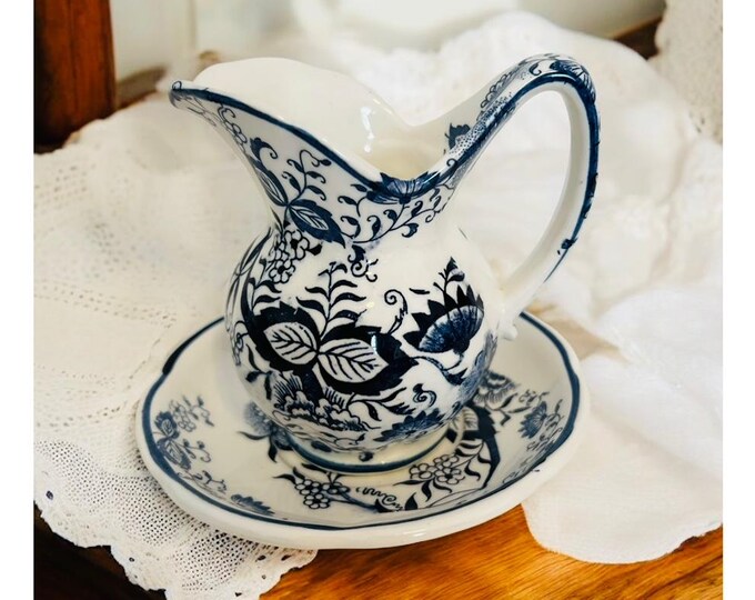 Enesco Vintage Blue Onion Small Pitcher and Saucer – Classic ...