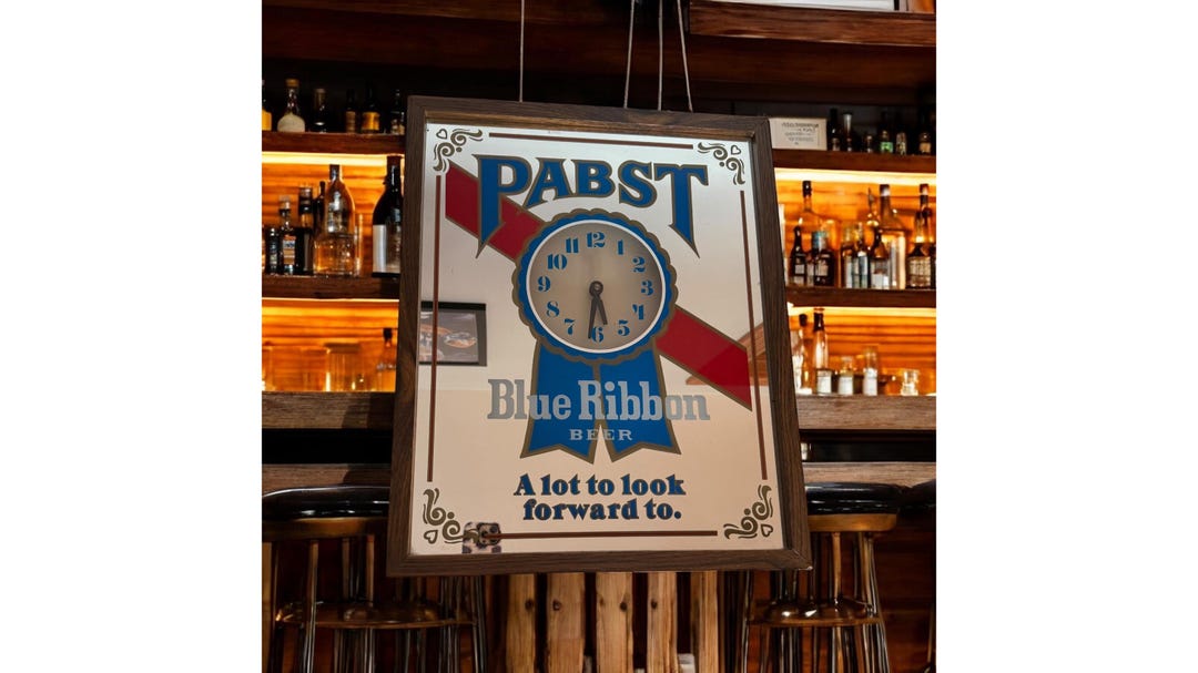 Vintage 1970s Pabst Blue Ribbon Mirror Sign Clock | Retro Bar Decor ...