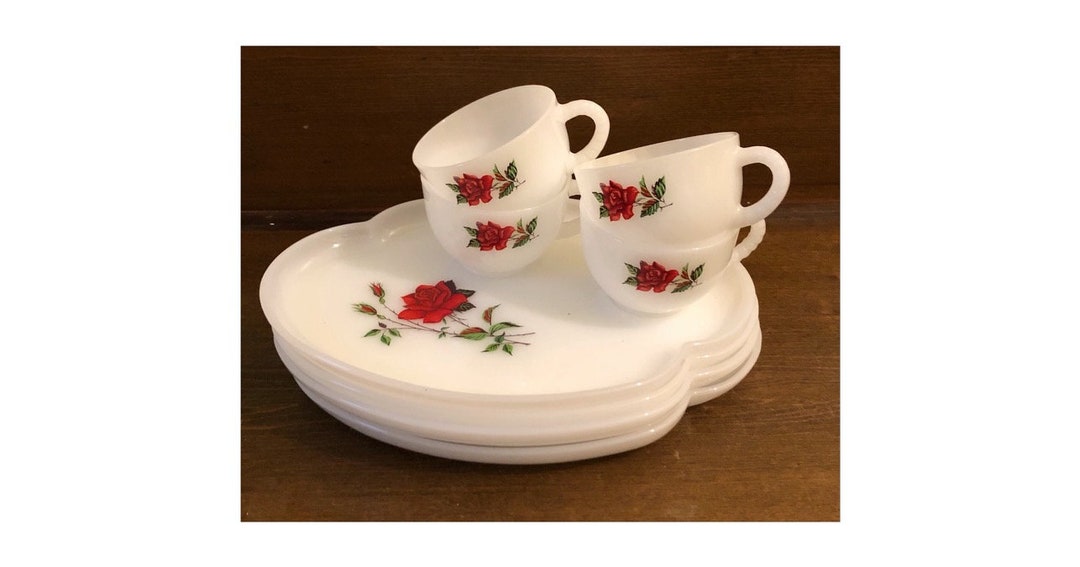 Federal Glass 4 Red Rose Snack Sets - Etsy