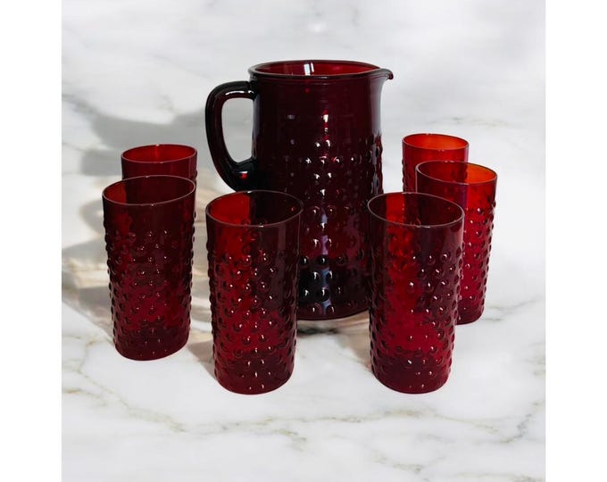 Vintage Anchor Hocking Ruby Red Hobnail Glass Pitcher With 6 Matching ...