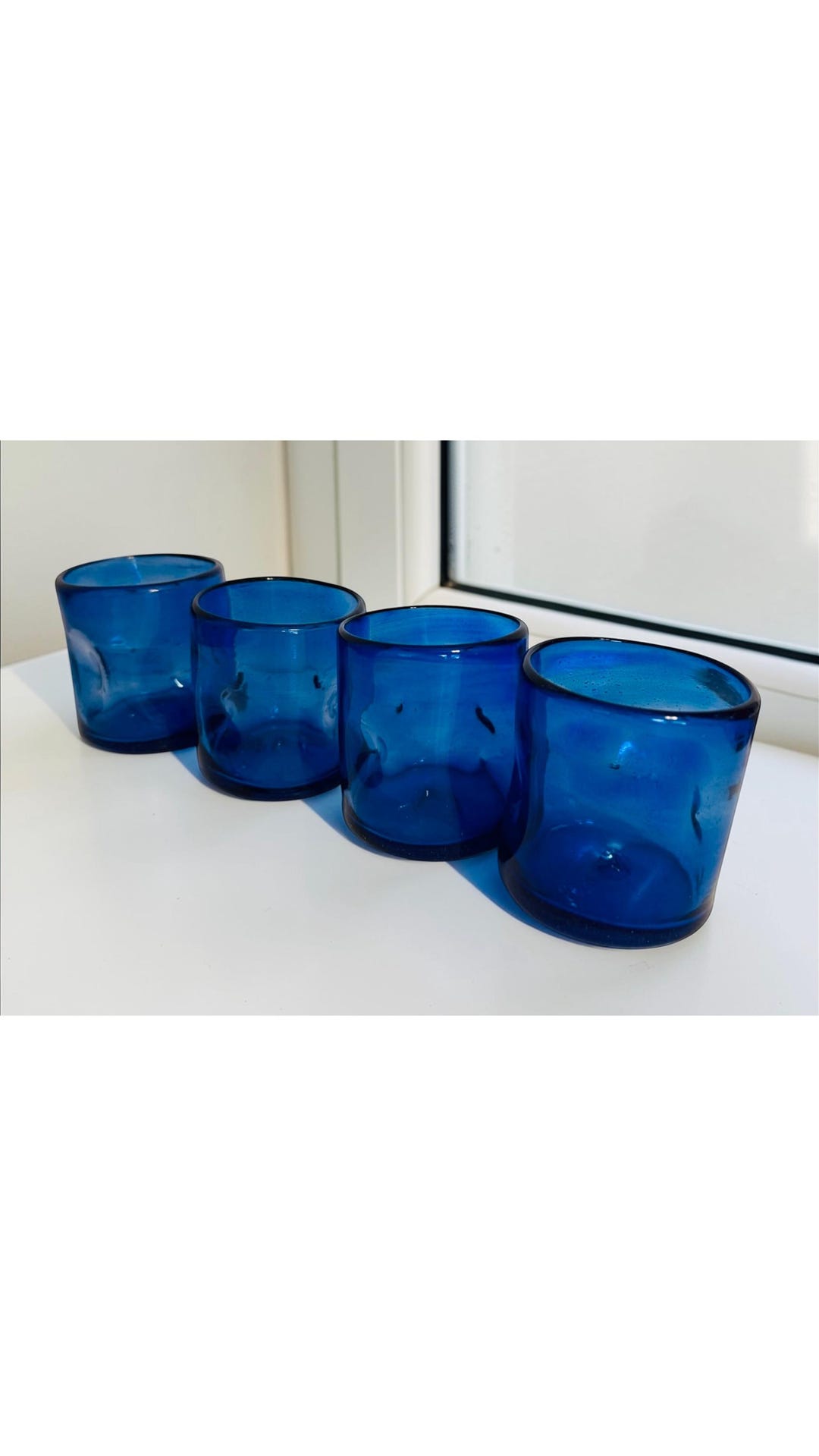 Set of 4 Cobalt Blue Hand Blown Dimpled Tumblers Old Fashioned Rocks ...