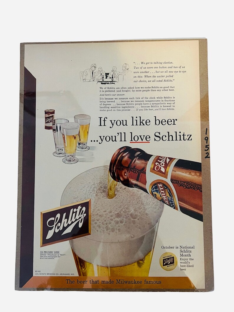 Vintage 1952 Schlitz Beer Ads: Retro Bar Wall Art, Sold Individually - Etsy