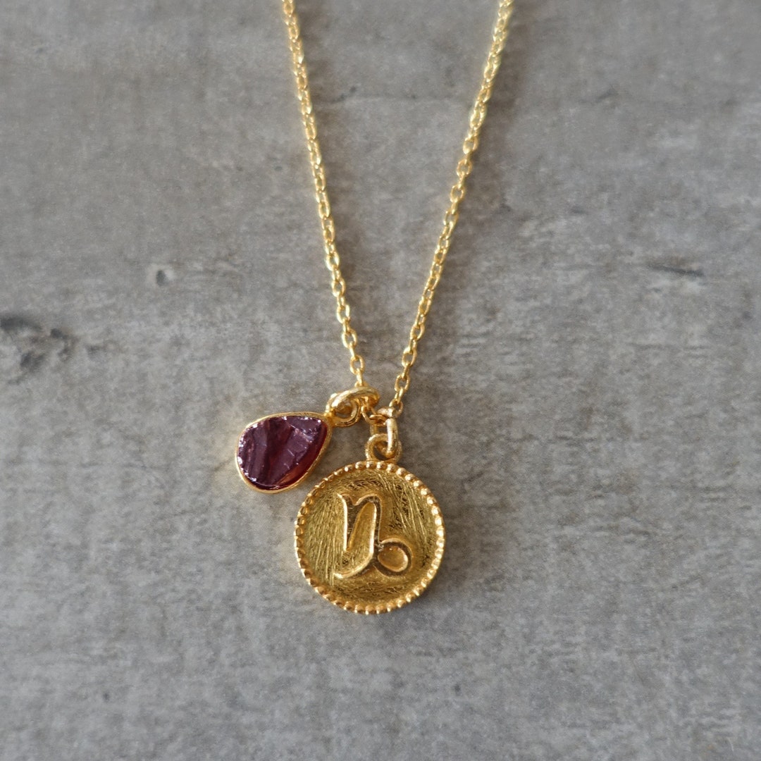 Gold Necklace With Capricorn Zodiac Symbol Medal and a Natural, Raw ...