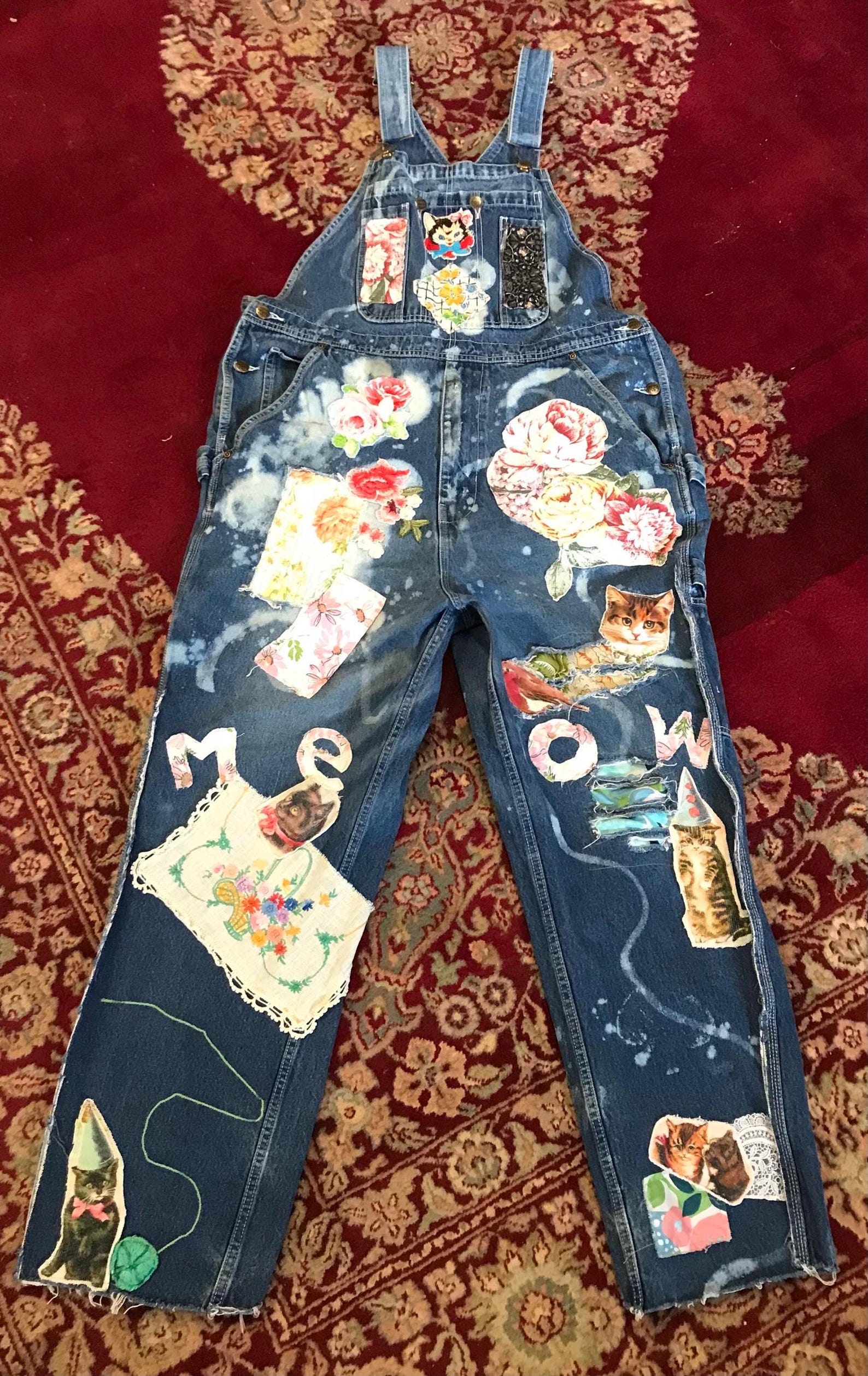 Hand Patched,bleached and Embellished Boho Denim Overalls Plus Size - Etsy