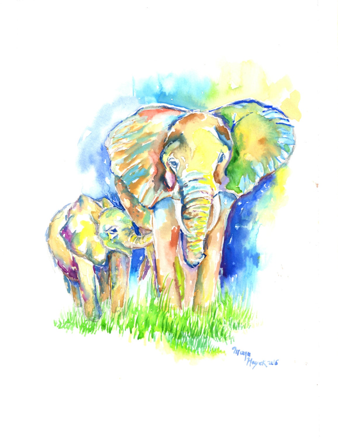 Mama Elephant and Baby Watercolor Painting, Elephant Print, Elephant ...