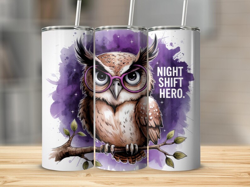 Owl Night Shift Hero Tumbler, Cute Owl Design Travel Mug, Insulated ...