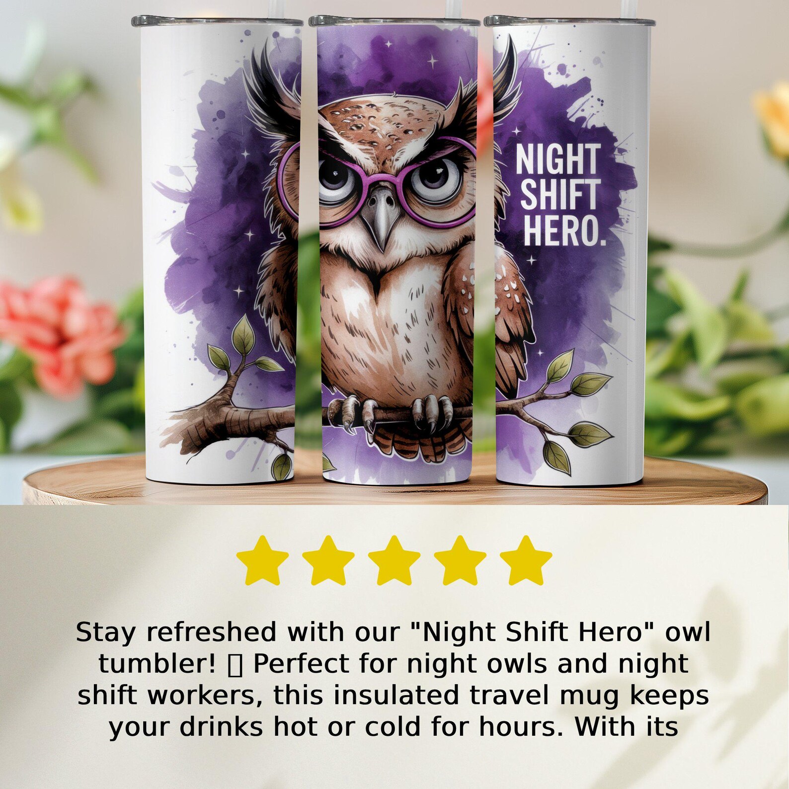 Owl Night Shift Hero Tumbler, Cute Owl Design Travel Mug, Insulated ...