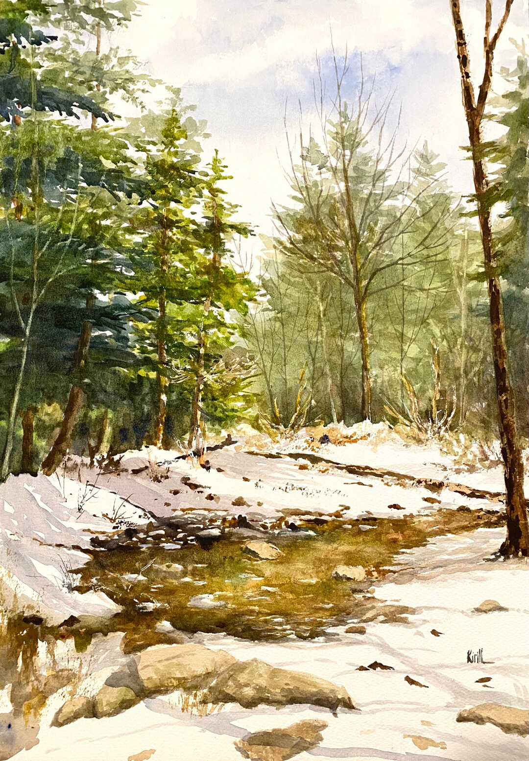 Snowy Spring in Vermont Watercolor Painting, Vermont Winter Landscape ...