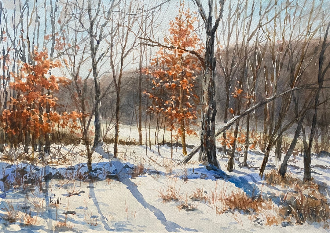 Winter Landscape Watercolor Painting, Winter Snowscape, Shadows in ...