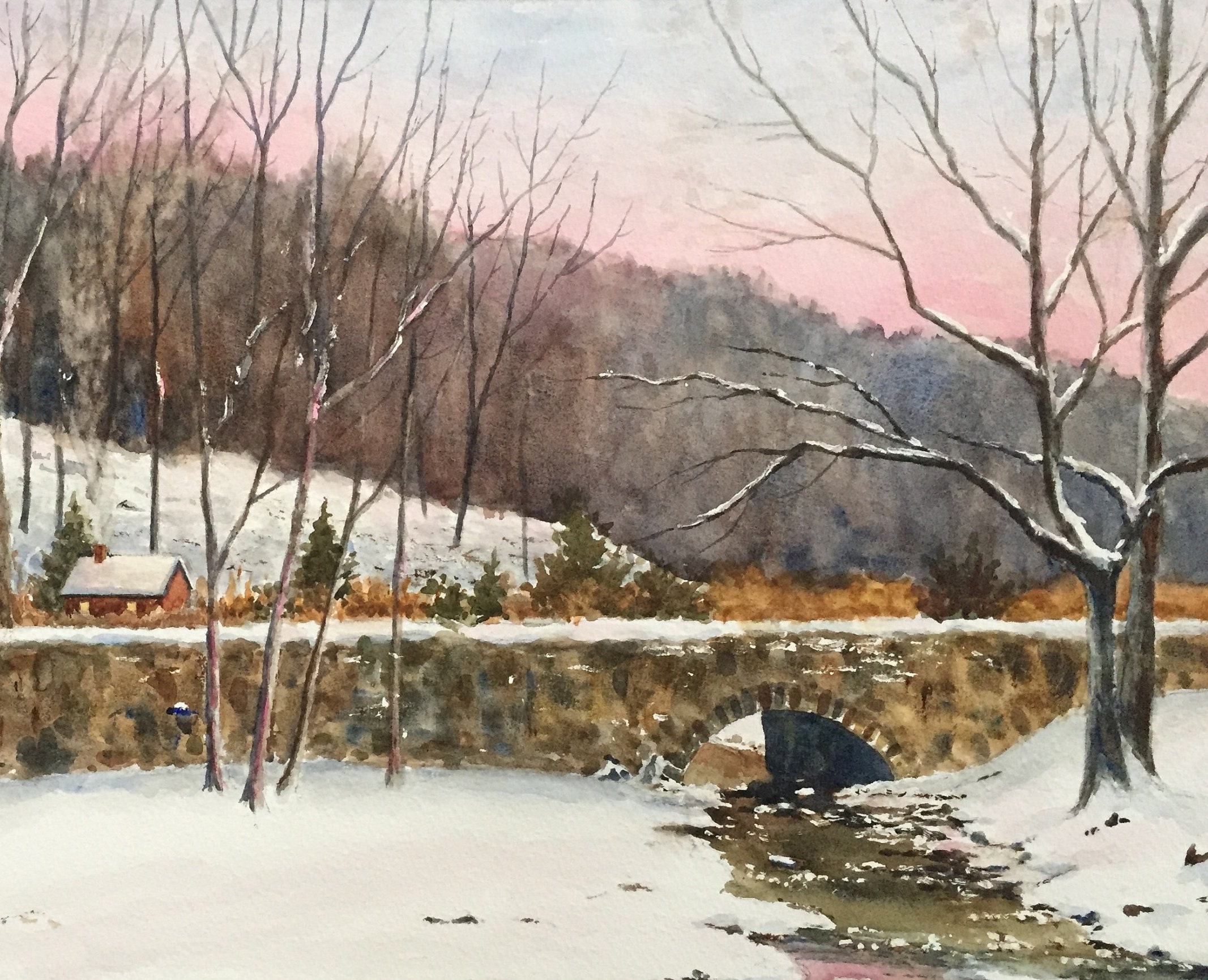 Snow Covered Bridge Watercolor Landscape Painting, Winter Snow Scene ...
