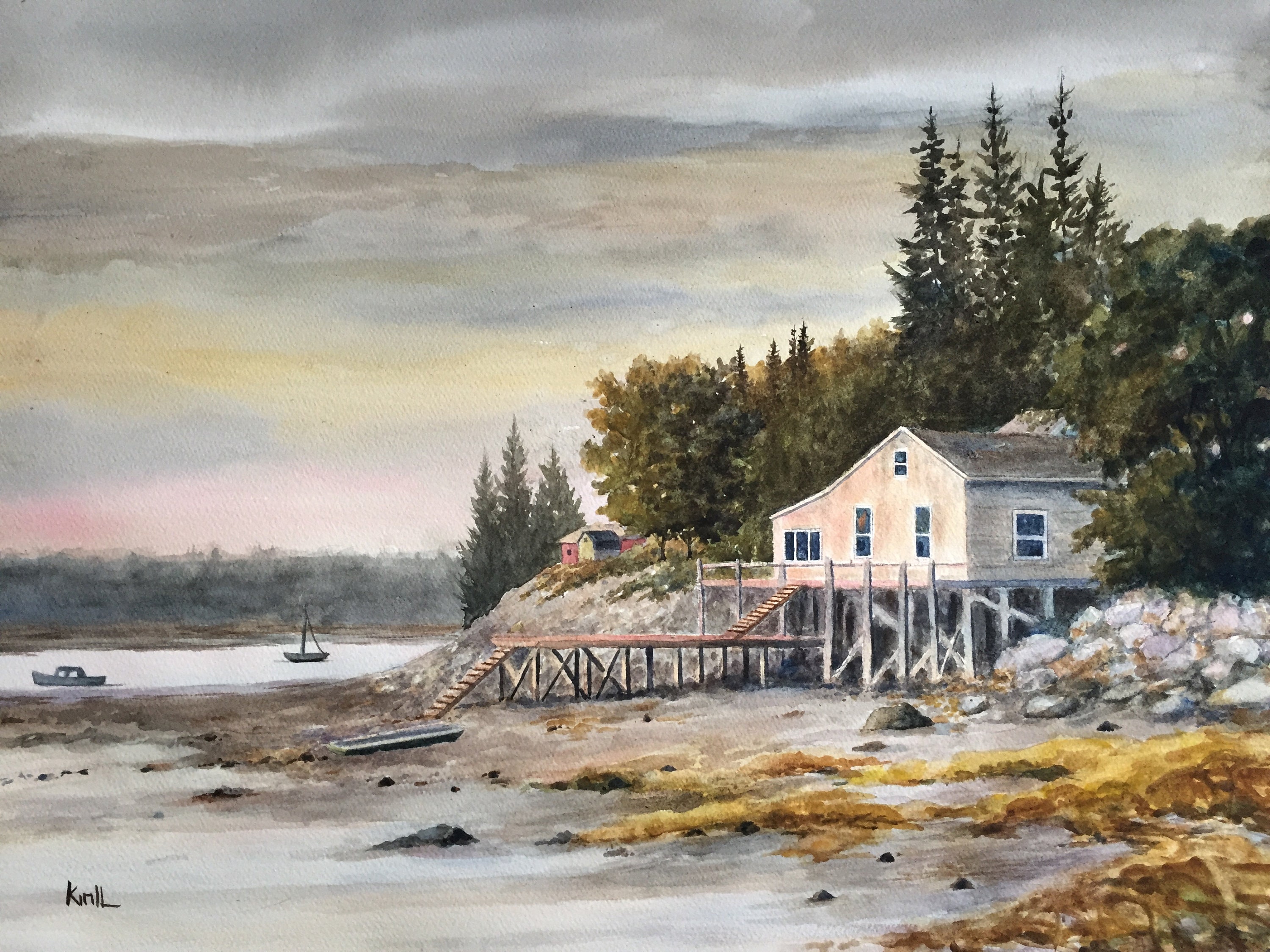 Coastal Maine Landscape Watercolor Painting, Acadia National Park ...