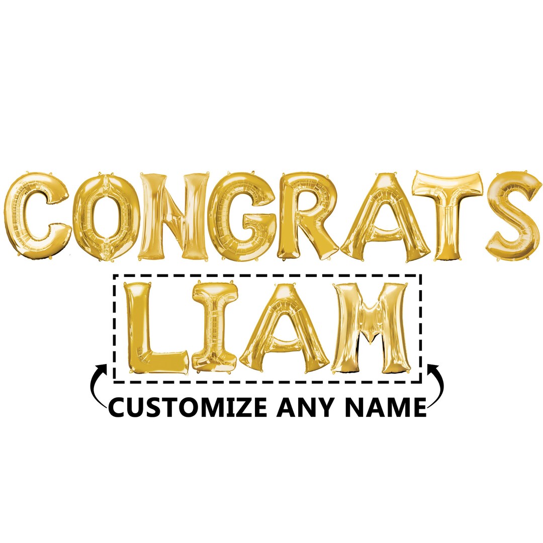 34" CONGRATS Balloon Banner W/ Custom Name Letter Balloons - Gold, Rose ...
