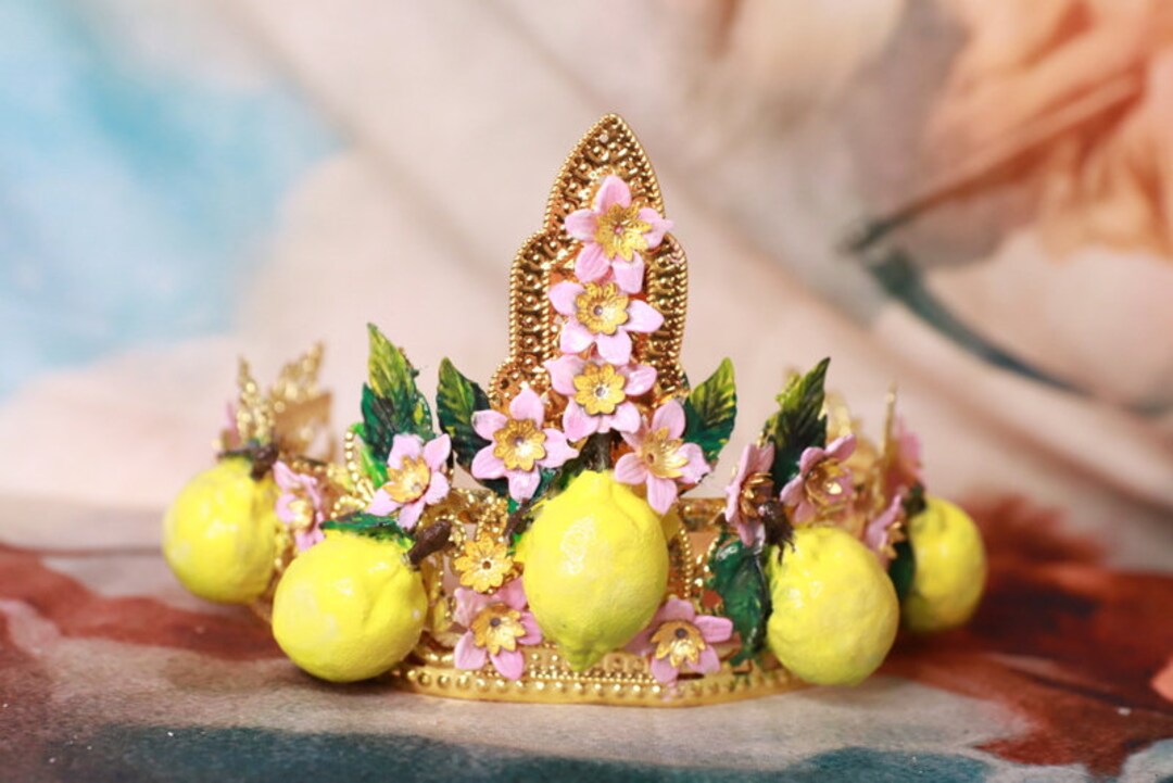 Sicilian Lemon Fruit Hand Painted Flower Crystal Crown Tiara Headband ...