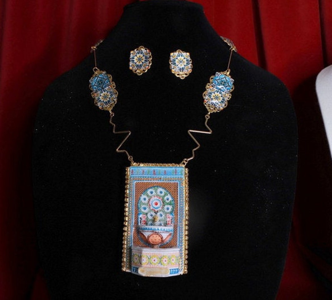 Set of Baroque Rococo Fountain Tile Necklace Pendant+ Earrings - Etsy