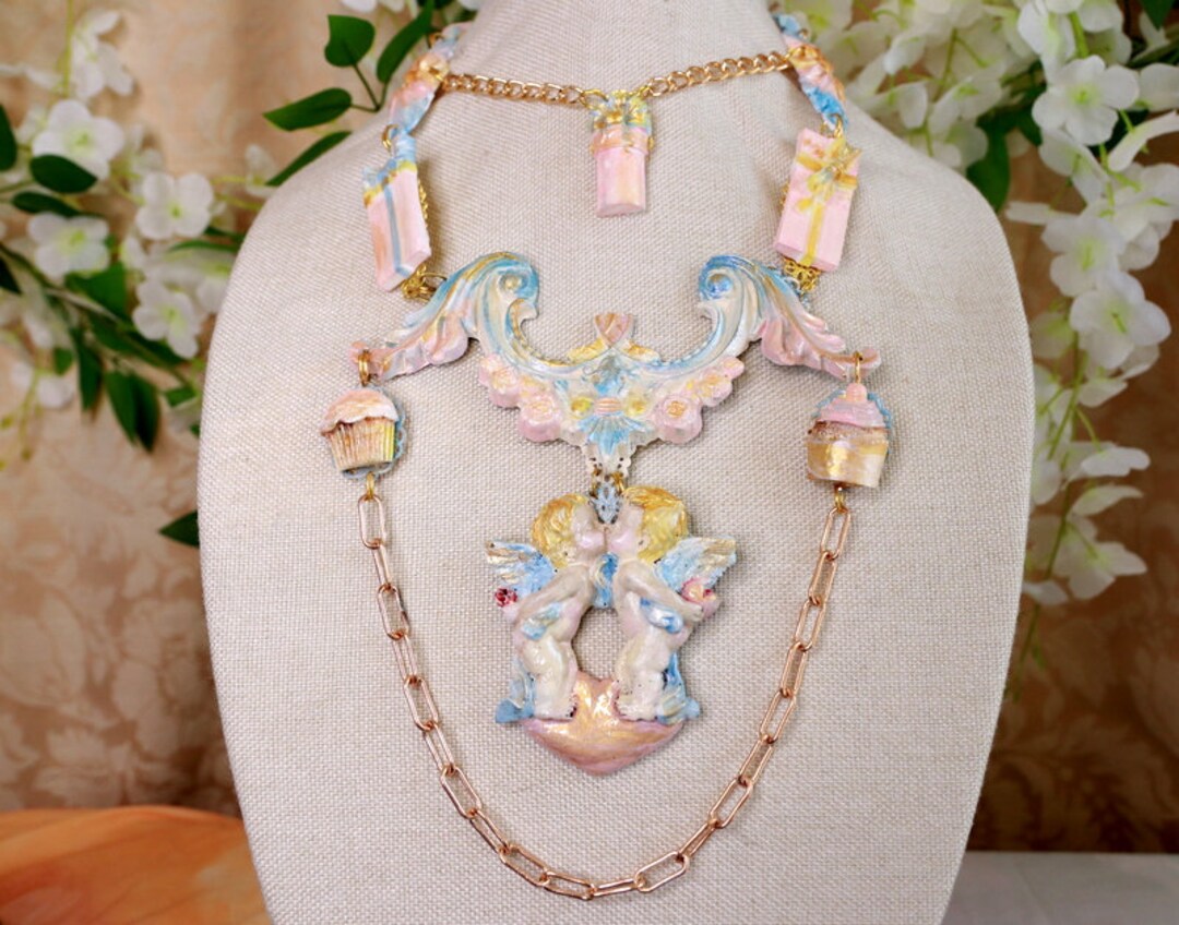 Rococo Kissing Cupids Cherubs Gazebo Birthday Unusual Massive Necklace ...