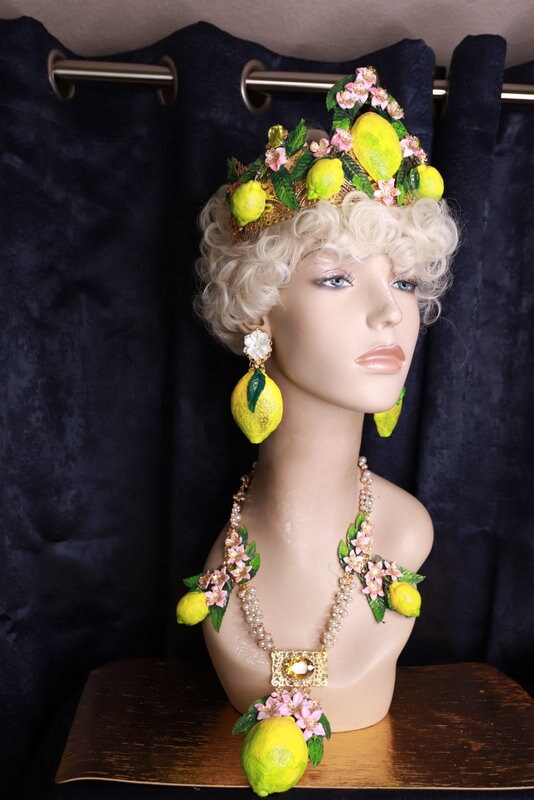 Sicilian Lemon Fruit Hand Painted Flower Crystal Crown Tiara Headband ...