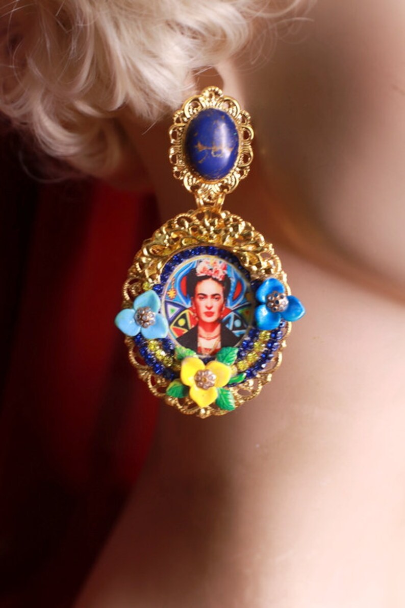Frida Kahlo Fuchsia Blue Abstract Cameo Crystal Studs Earrings - Etsy