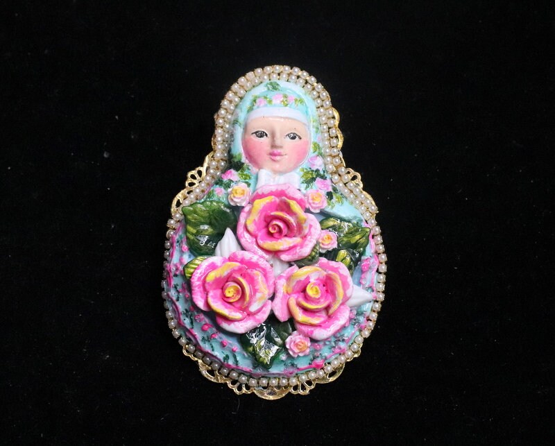 Russian Revival Brooch Russian Doll Matryoshka Roses Hand | Etsy