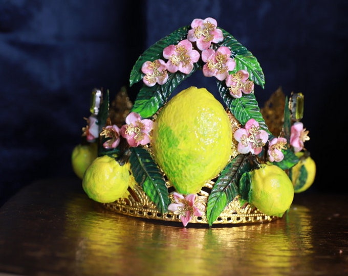 Sicilian Lemon Fruit Hand Painted Flower Crystal Crown Tiara Headband ...