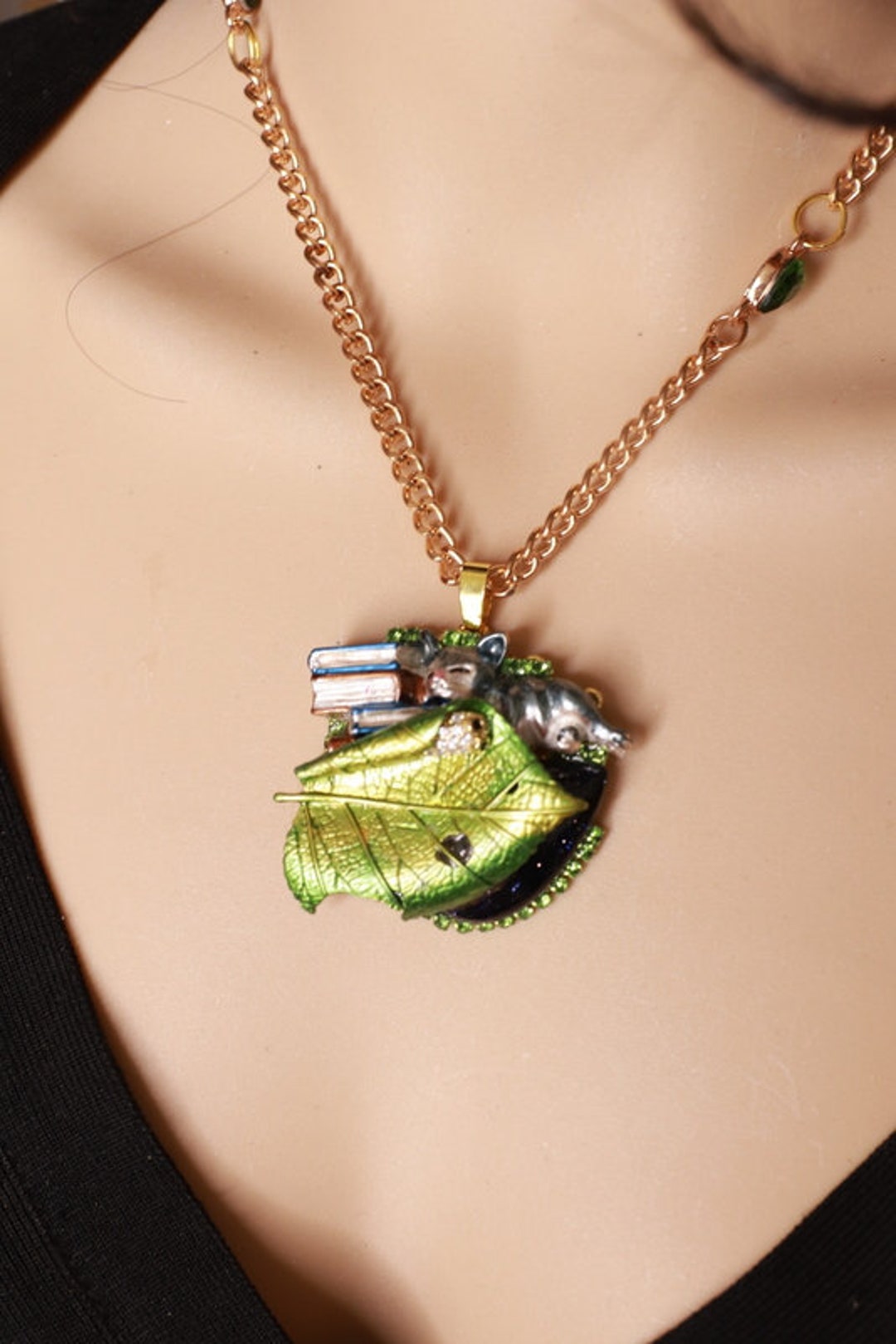 Adorable Enamel Sleepy Kitty Books Leaf Pendant Necklace - Etsy
