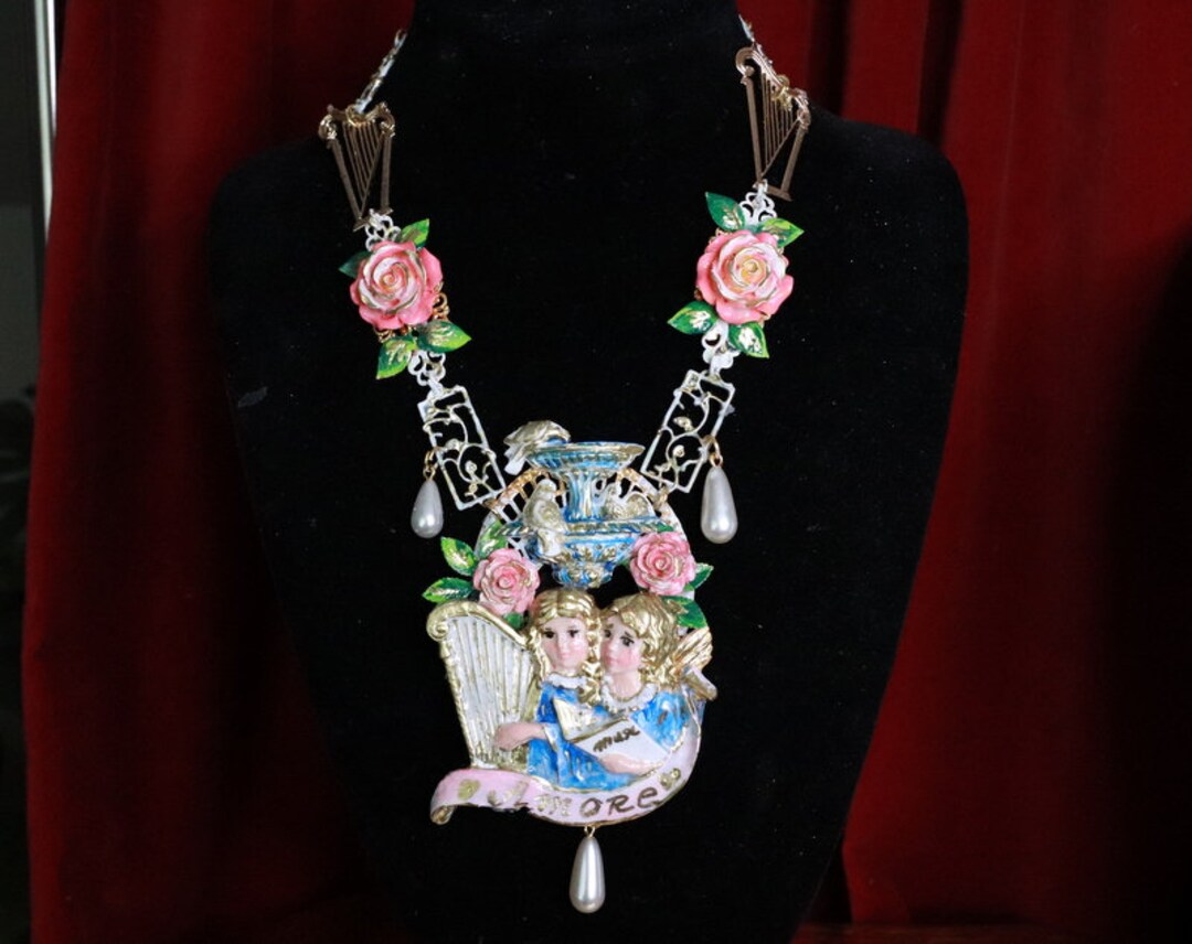 Rococo Angels Harp Roses Unusual Hand Painted Necklace - Etsy