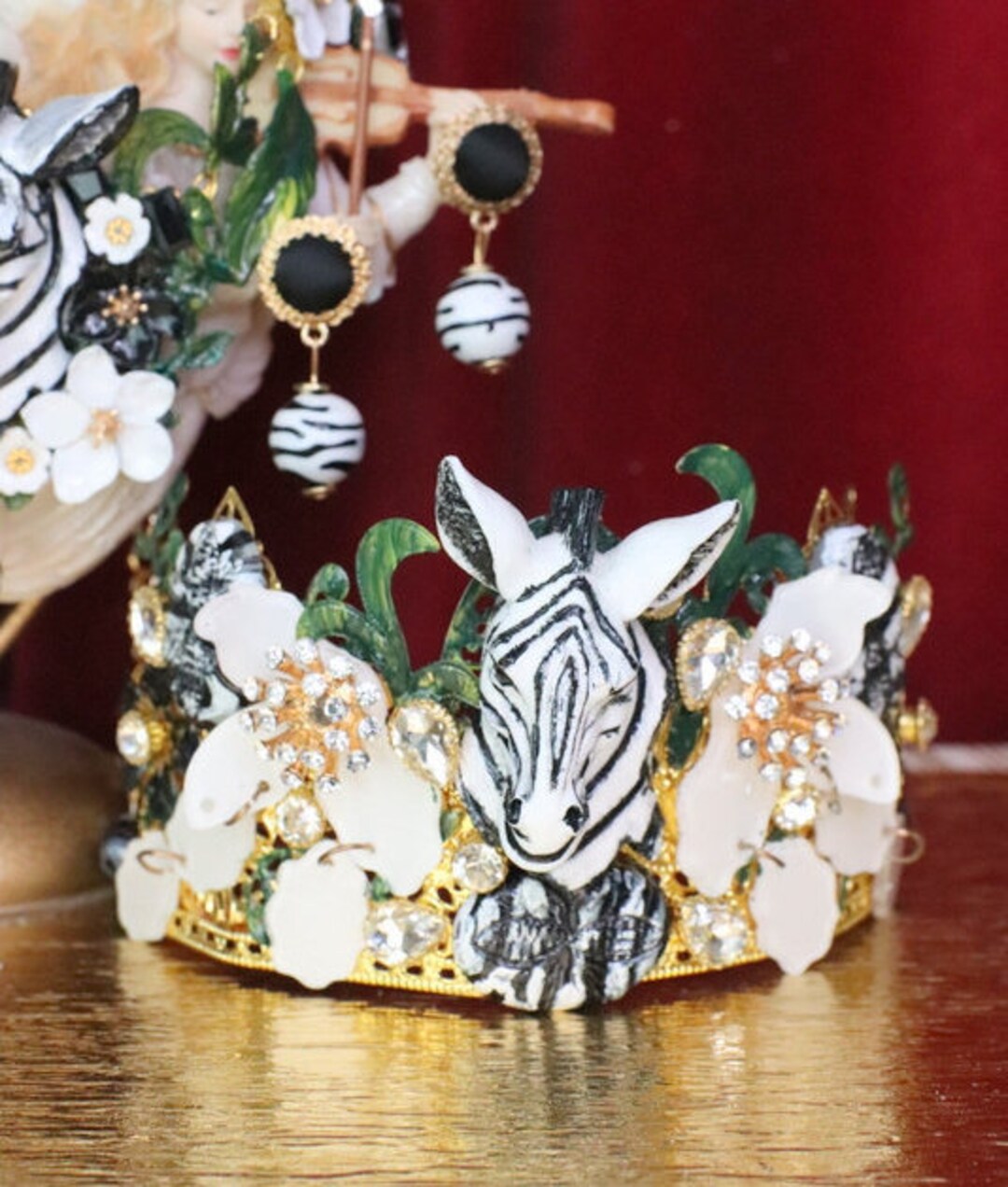 Set of Hand Painted 3D Effect Zebra Flowers Crown Earrings - Etsy