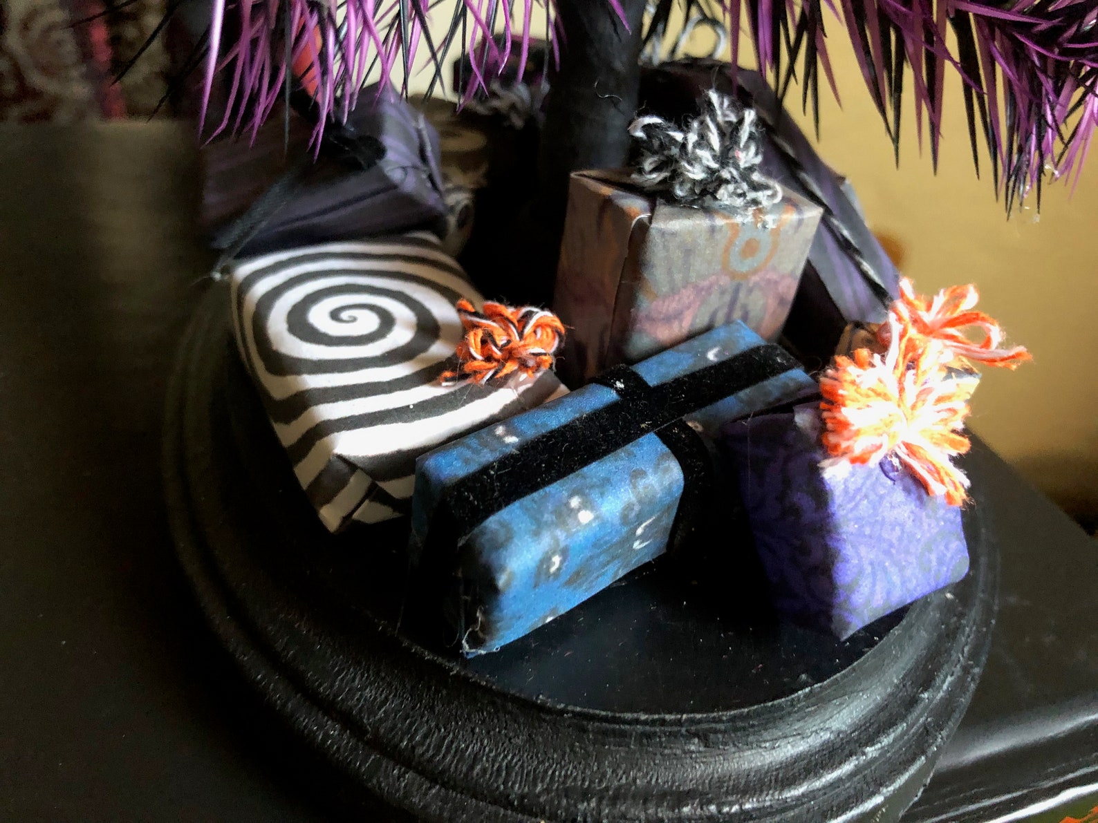 14 Halloween Feather Tree Purple & Black With Spooky Gifts Under the ...