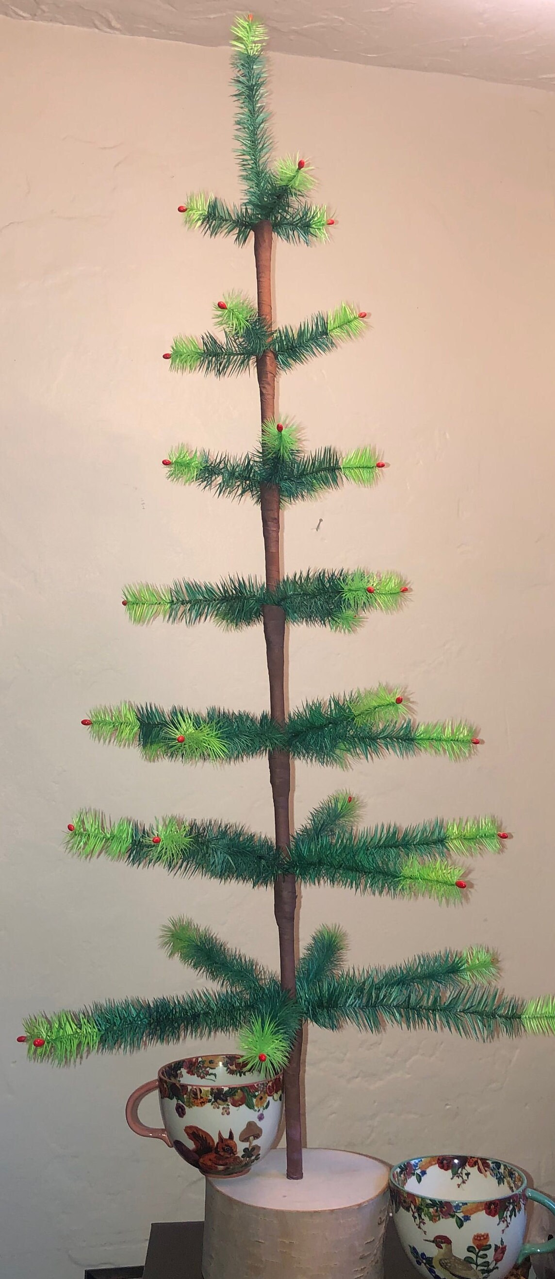 4 Foot Goose Feather Tree Light & Dark Green, Birch Base Antique ...