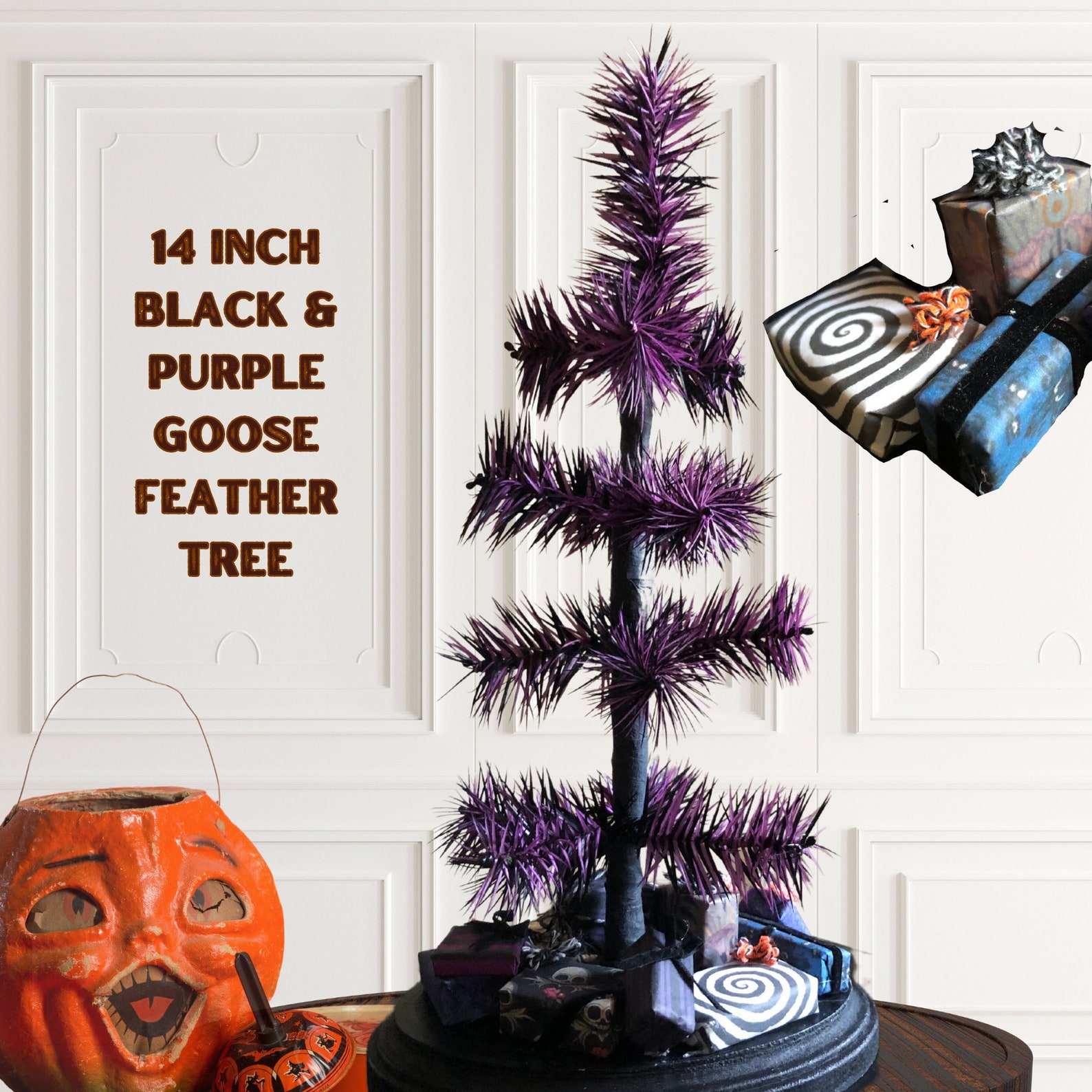 14 Halloween Feather Tree Purple & Black With Spooky Gifts Under the ...