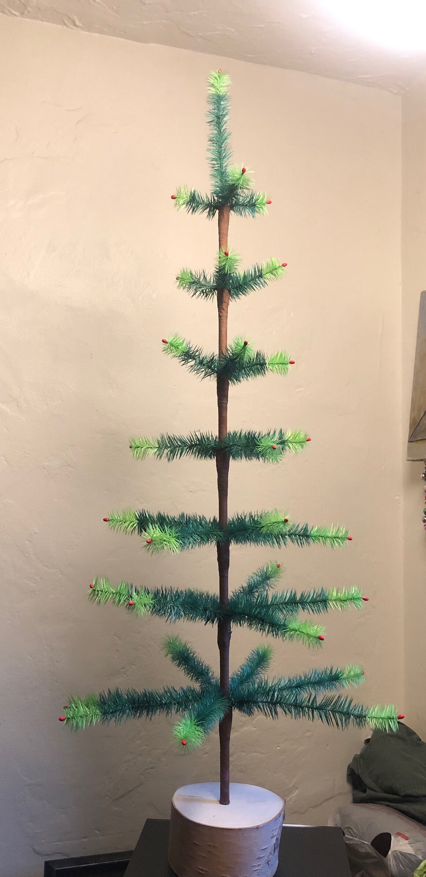 4 Foot Goose Feather Tree Light & Dark Green, Birch Base Antique ...