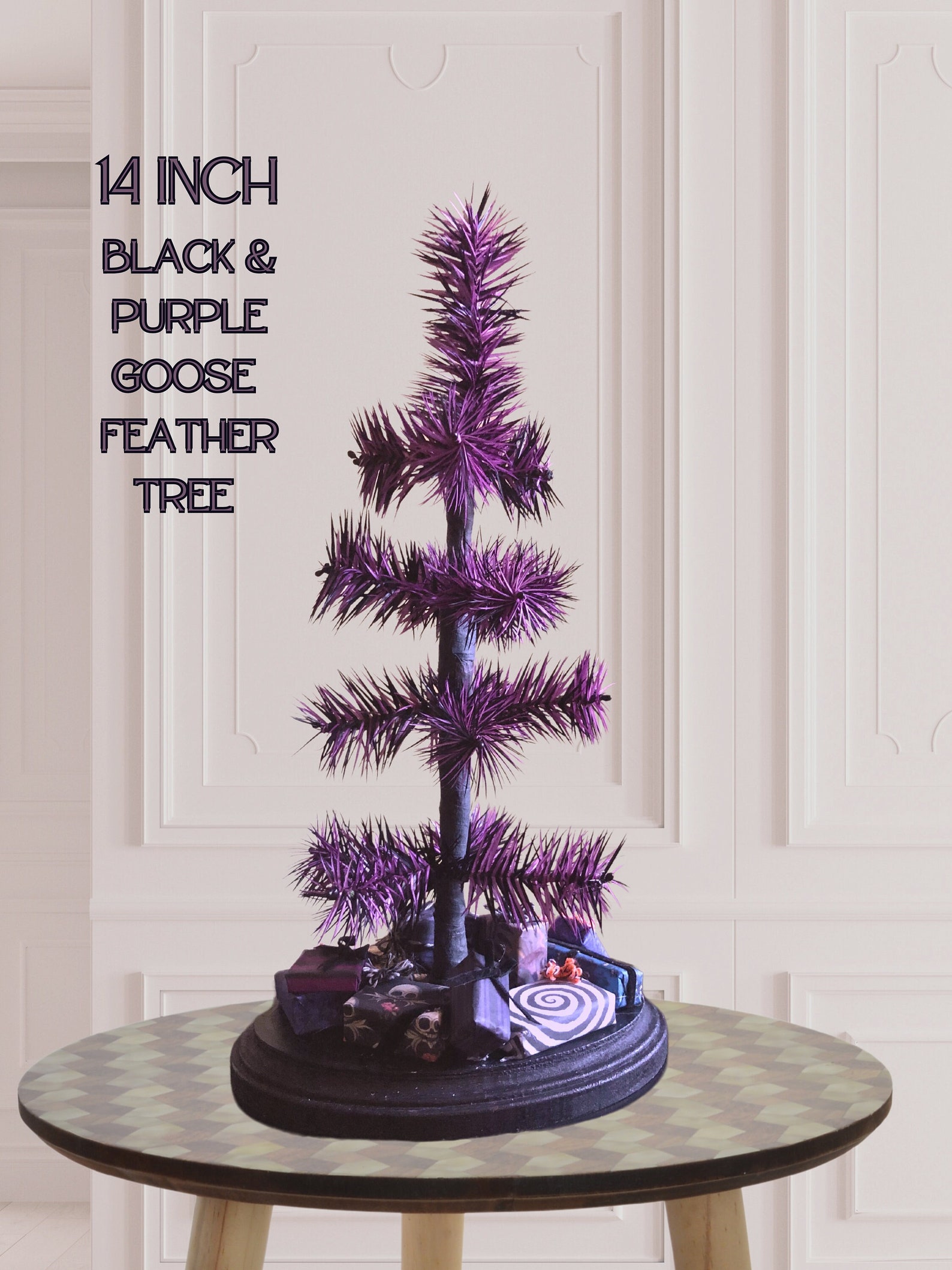14 Halloween Feather Tree Purple & Black With Spooky Gifts Under the ...