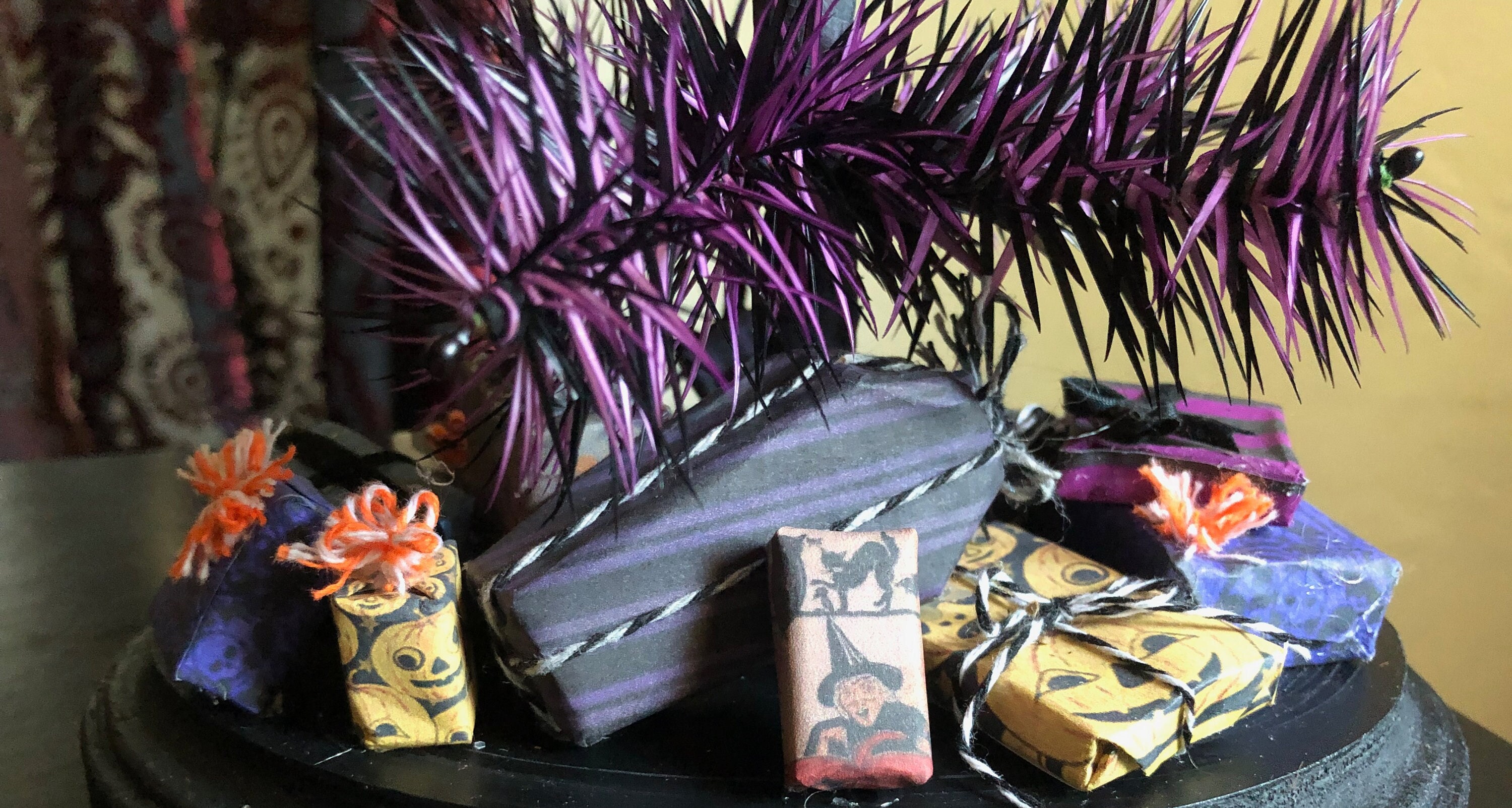 14 Halloween Feather Tree Purple & Black With Spooky Gifts Under the ...