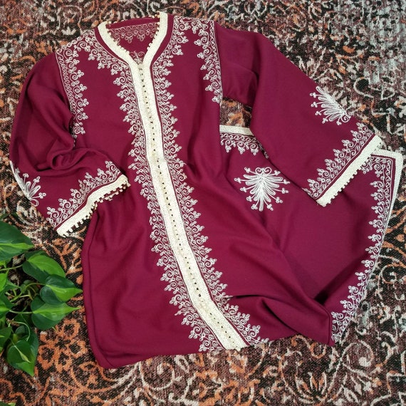 60s/70s Maroon Boho Hippy Cult Caftan Ethnic Moroccan… - Gem