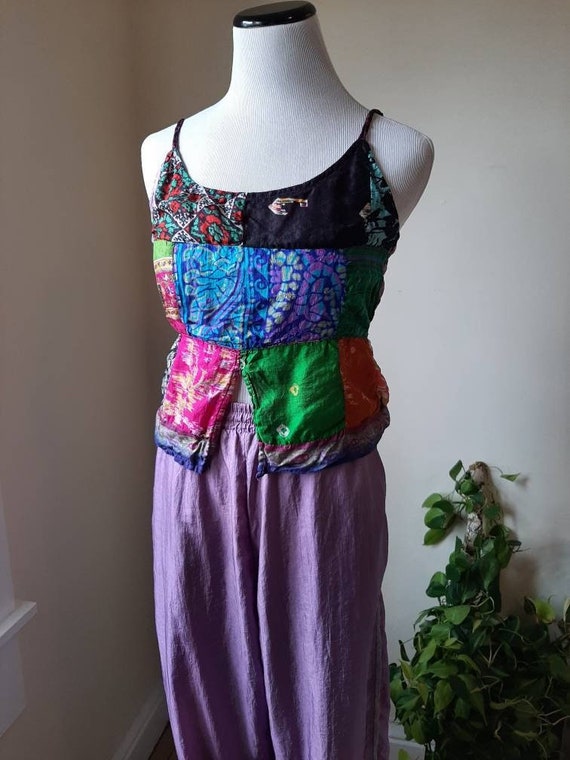 Y2K Patchwork Silk Slip Top Hippy Baby Doll Strappy C… - Gem