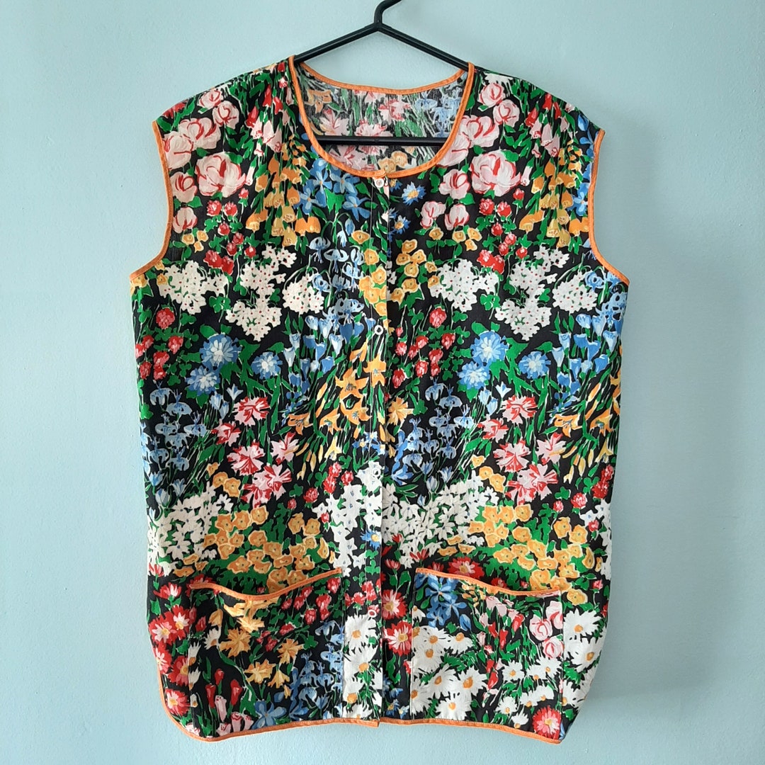 Vtg Flower Garden Snap Button Apron Smock Sleeveless Art Coverup, M/L ...