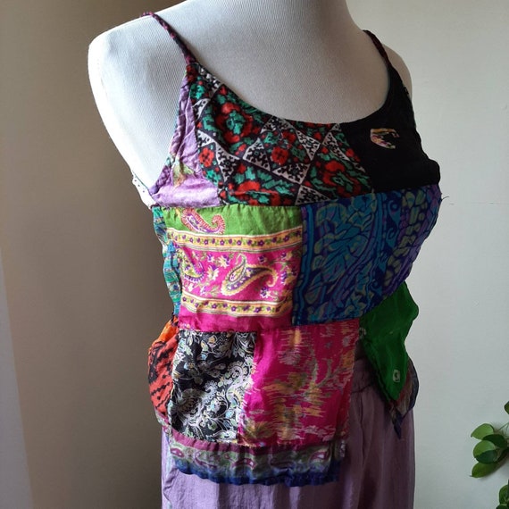 Y2K Patchwork Silk Slip Top Hippy Baby Doll Strappy C… - Gem