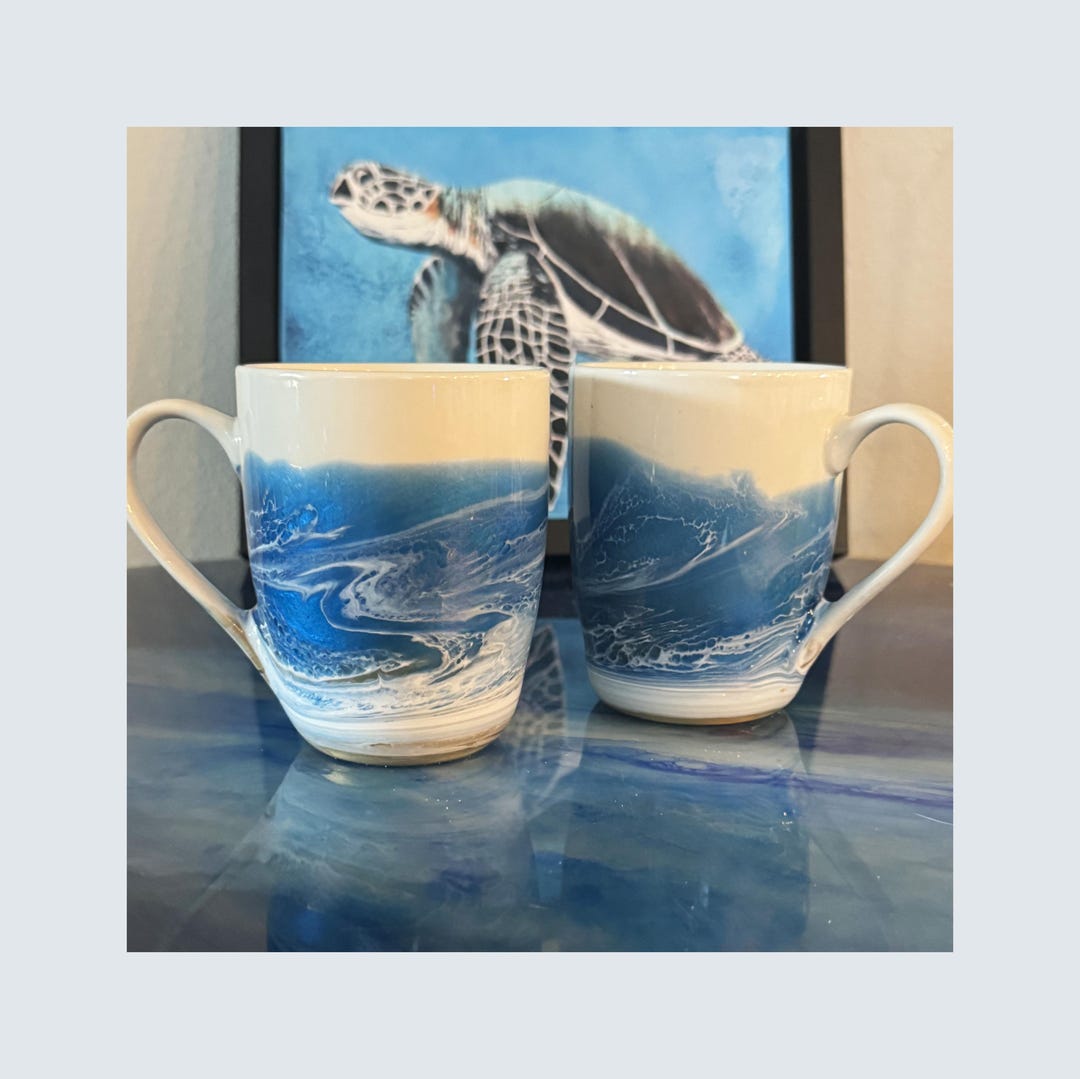 Ocean Wave Ceramic Coffee Mugs: Beach Inspired, Hand Created - Set of 2 ...
