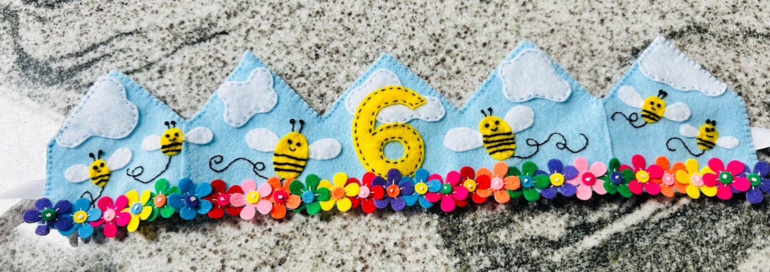 Bee Flower Theme Felt Hand Embroidered Crown, Birthday Crown, Garden ...