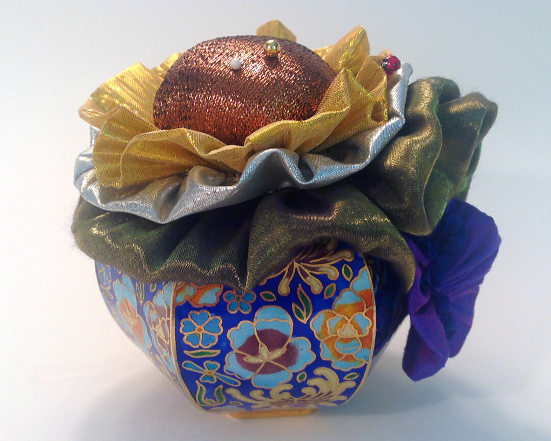 Pincushion Ginger Jar Beautiful Cloisonne Sunflower Enameled Metal XXL ...