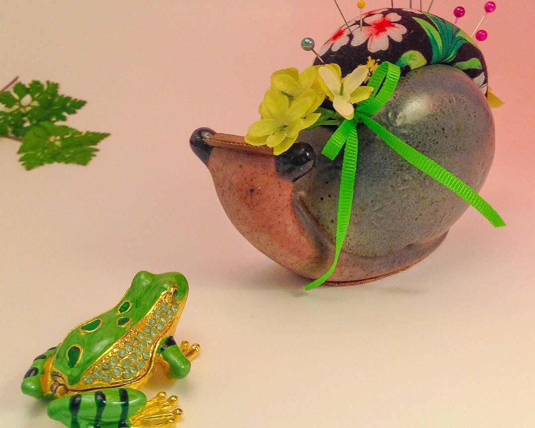 Pincushion. Snail /slug, Pottery/ Stoneware, With Spring-green Silk ...