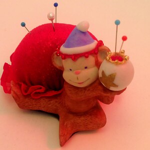 Pincushion.Smiling Monkey With Blue Hat and Red Velvet Double | Etsy