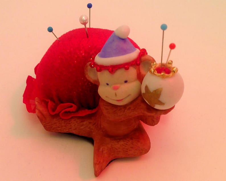 Pincushion.Smiling Monkey With Blue Hat and Red Velvet Double | Etsy