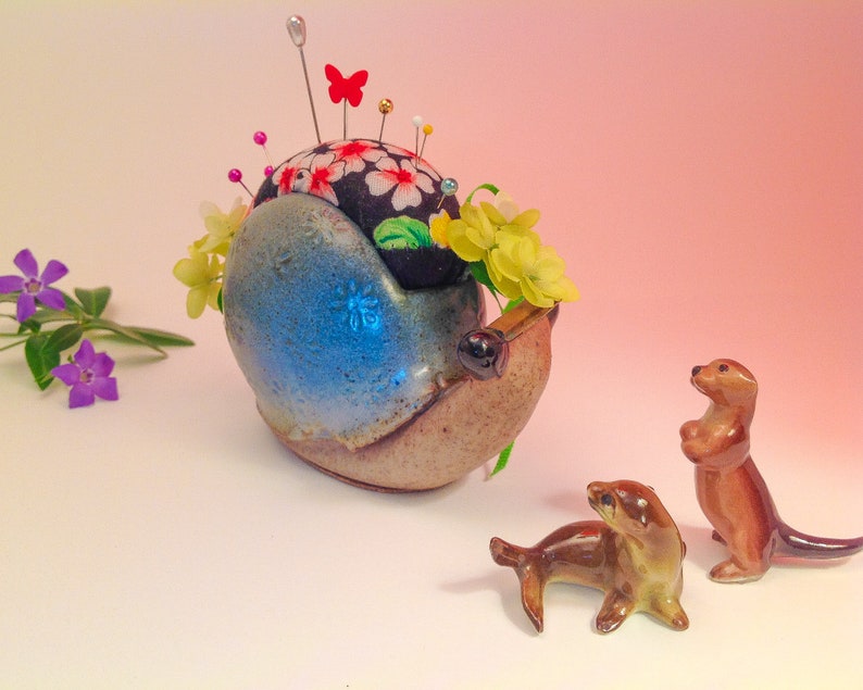 Pincushion. Snail /slug, Pottery/ Stoneware, With Spring-green Silk ...