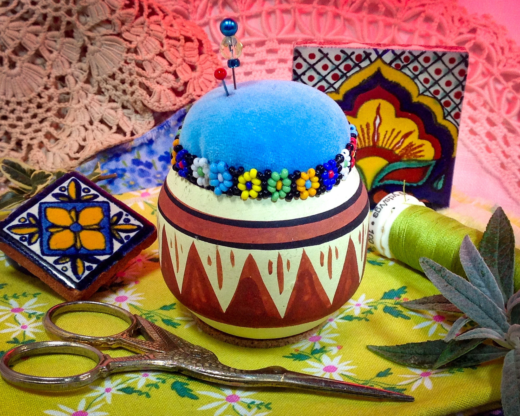 Pincushion Mexicali Hand Painted, Pottery, Terra Cotta, Daisy Flowers ...